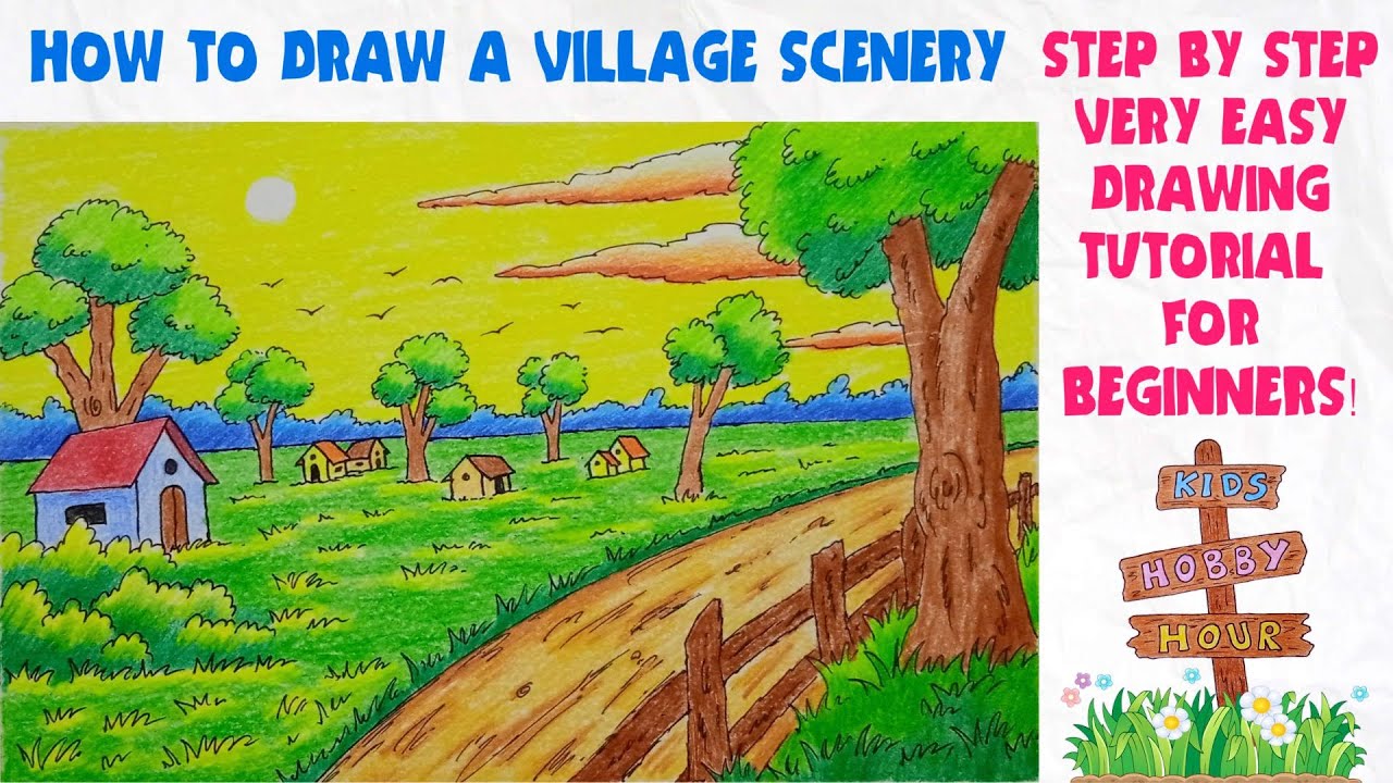 How to Draw Village Scenery Easy | Step by Step Beautiful Village ...