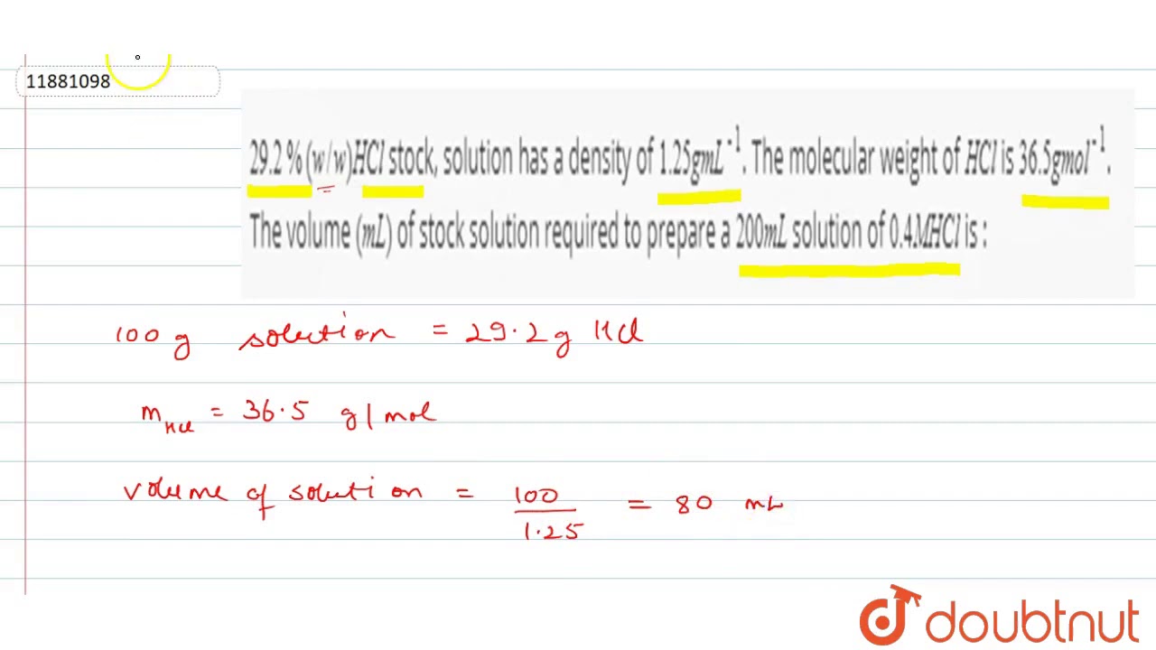 `29.2% (w//w) HCl` stock, solution has a density of `1.25 g mL^(-1 ...