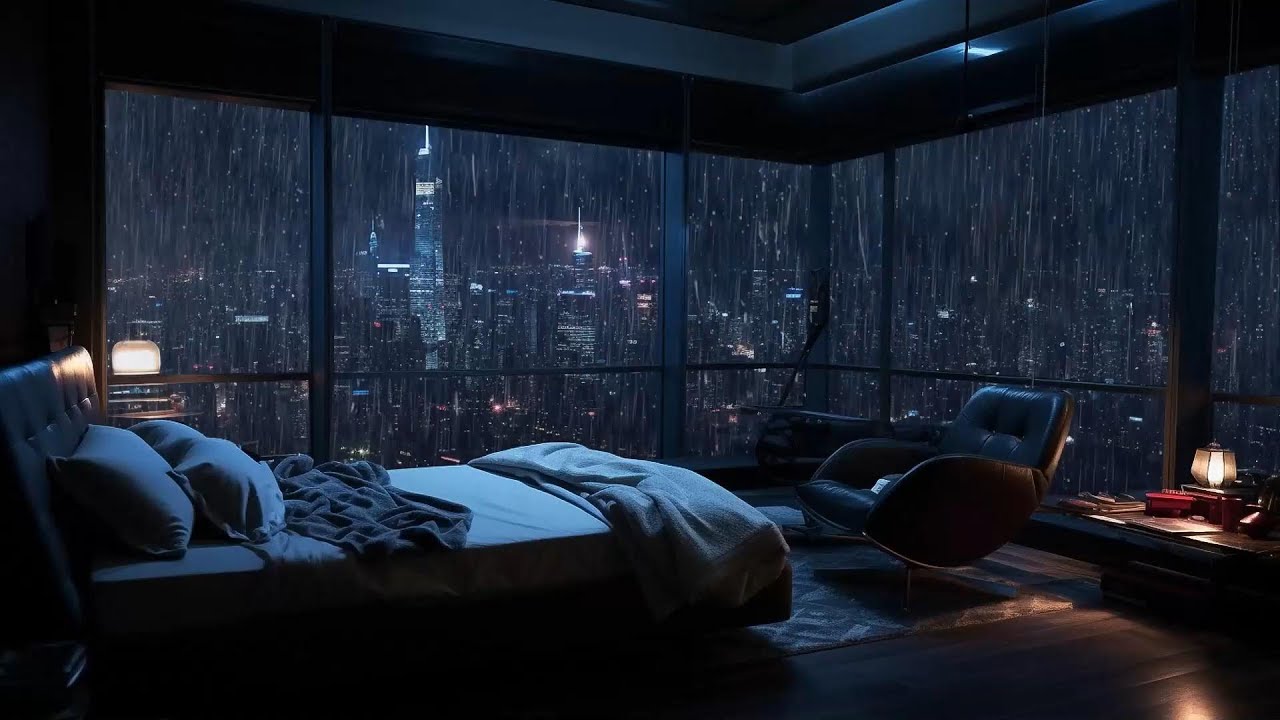 Cozy Bedroom with a Night View, Heavy Rain on Window, Helping You Drift ...