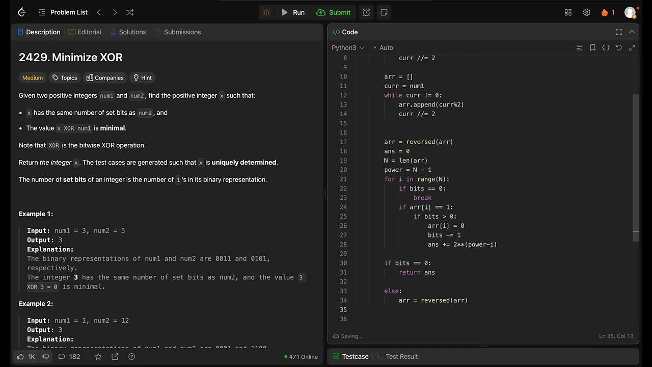 Leetcode 2429 - Minimize XOR - Python - YouTube