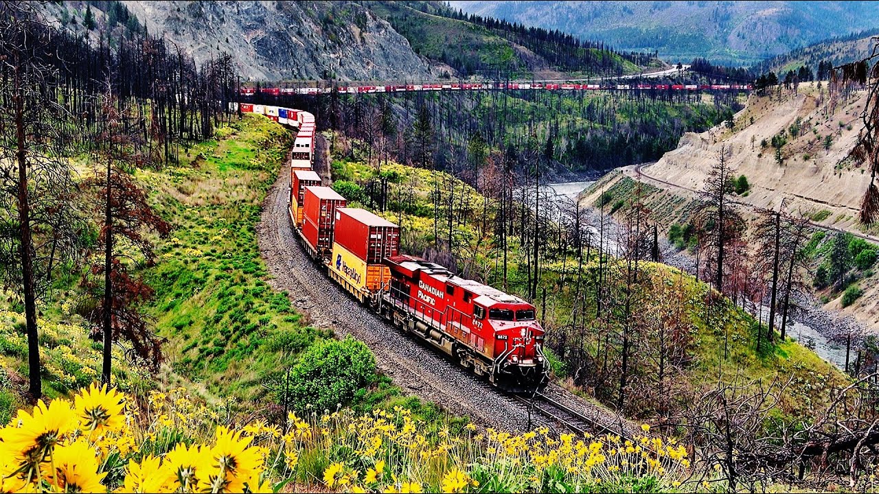 Massive Double Stack Trains Thru Wildflowers In The Thompson Canyon - Canada - YouTube