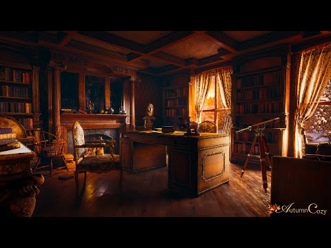 VICTORIAN OFFICE AMBIENCE IN WINTER: Fireplace Sounds, Wind Sounds, Crinkling Paper