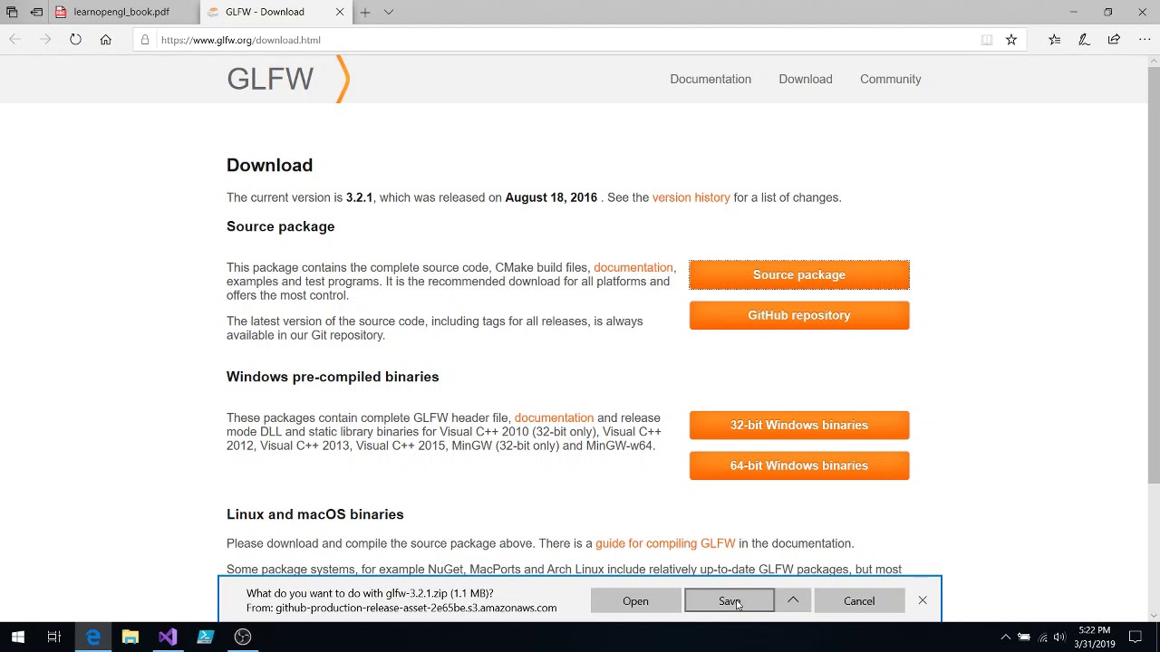 OpenGL Setup Step 2 GLFW Download Source Package Visual Studio 2019 RC Windows 10 1809 - YouTube