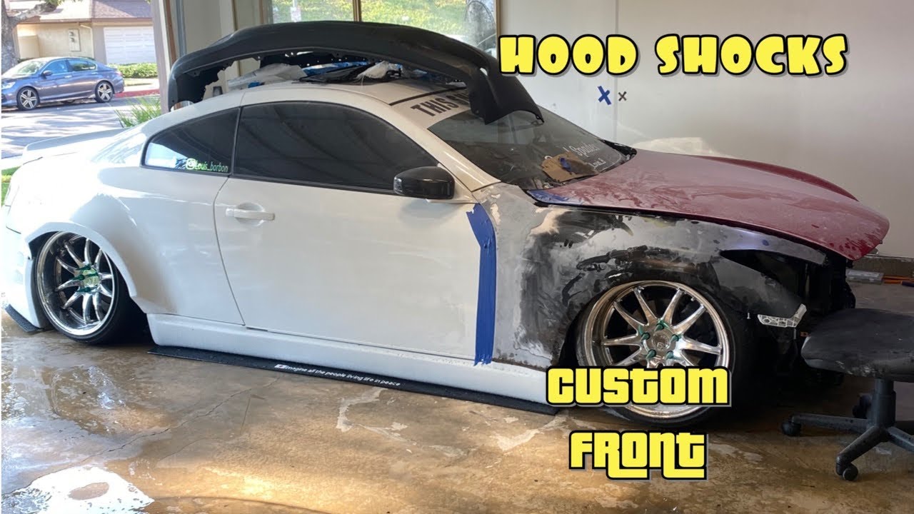 g35 to g37 front conversion prt 5 Hood shocks + front end - YouTube