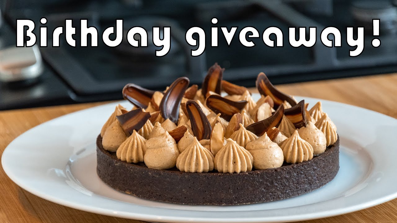 Chocolate almond praline birthday tart - YouTube