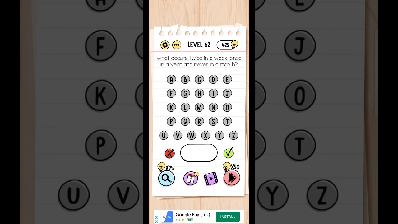 Brain Test Level 62 What occurs twice in a week, once in a year and ...