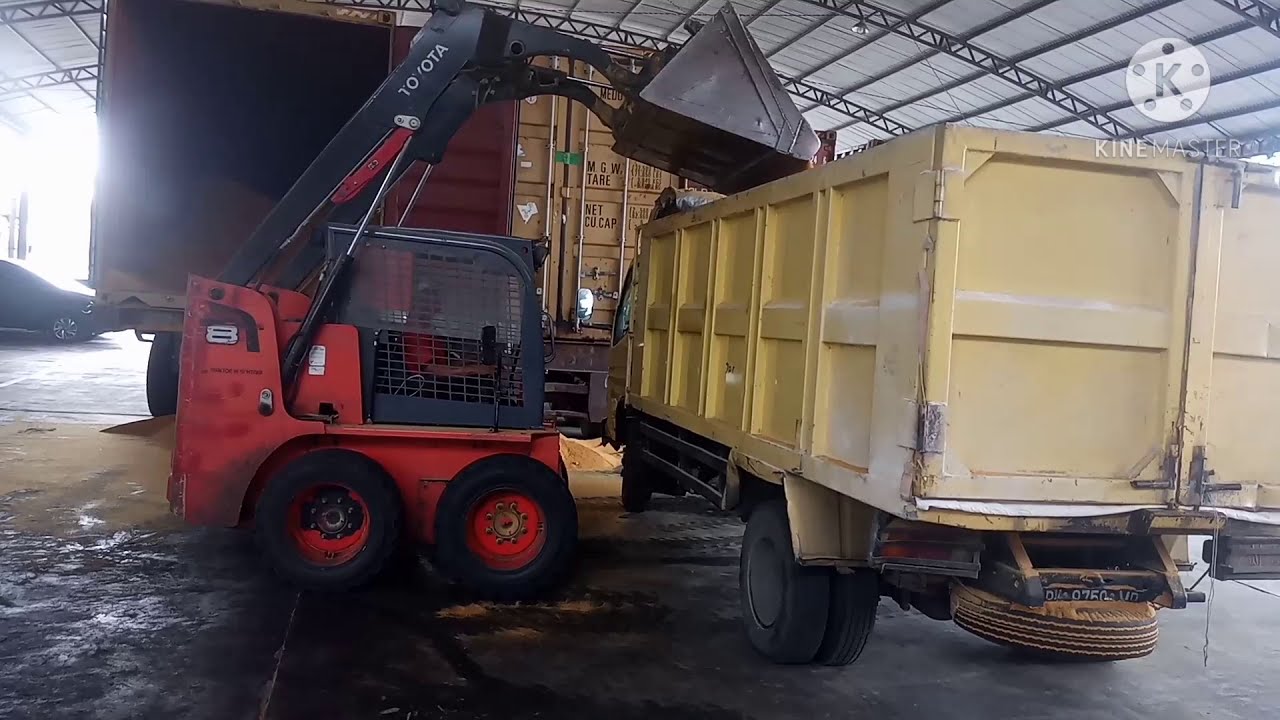 Skids loader loading material on truck - YouTube