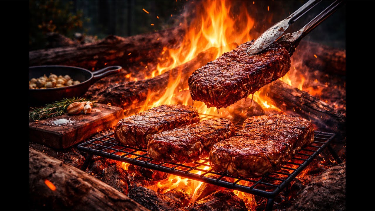 LIVE 🔥 Cooking Meat Over Open Fire in the Wild | Cozy Campfire Sounds ...