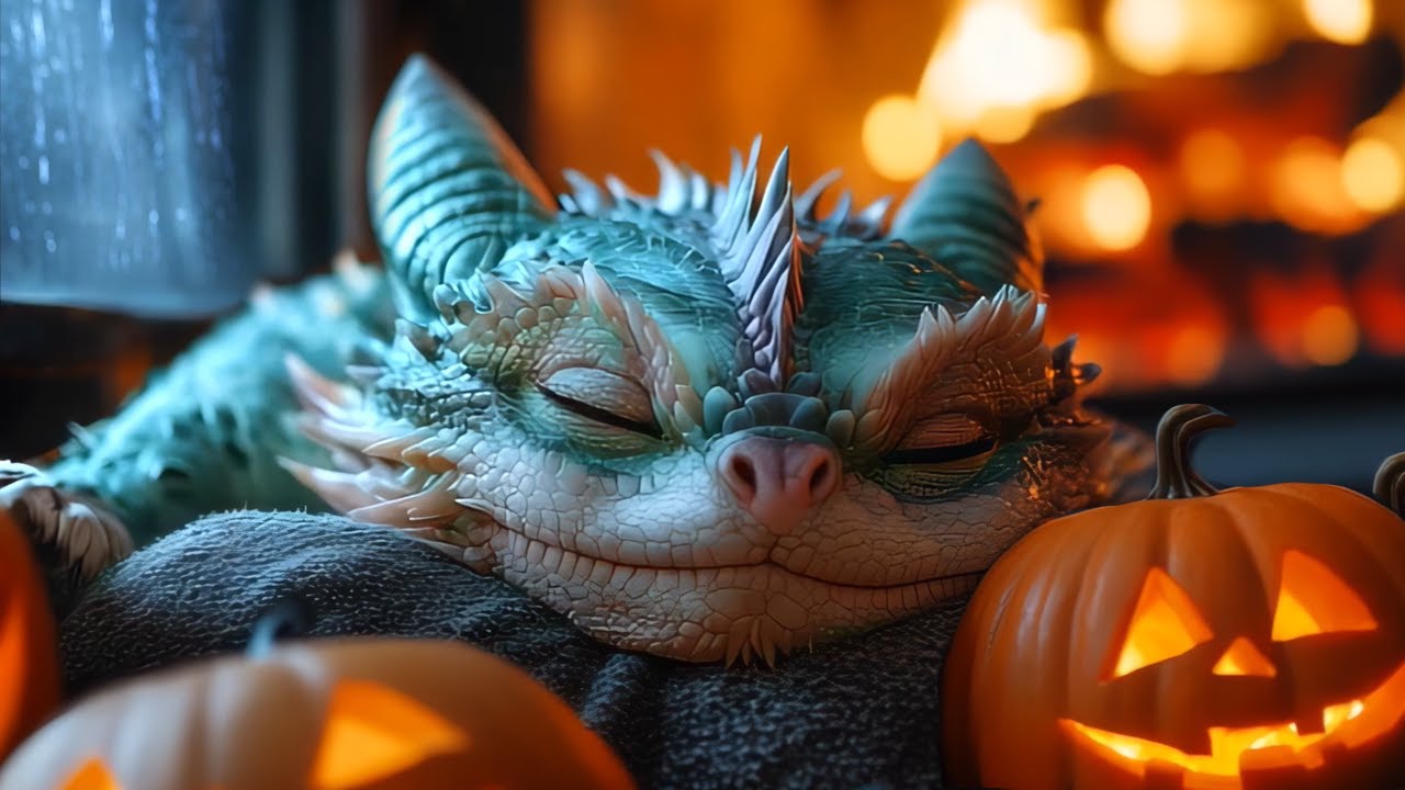 Stormy Halloween Night by the Fireplace with a Purring Dragon | Cozy ...