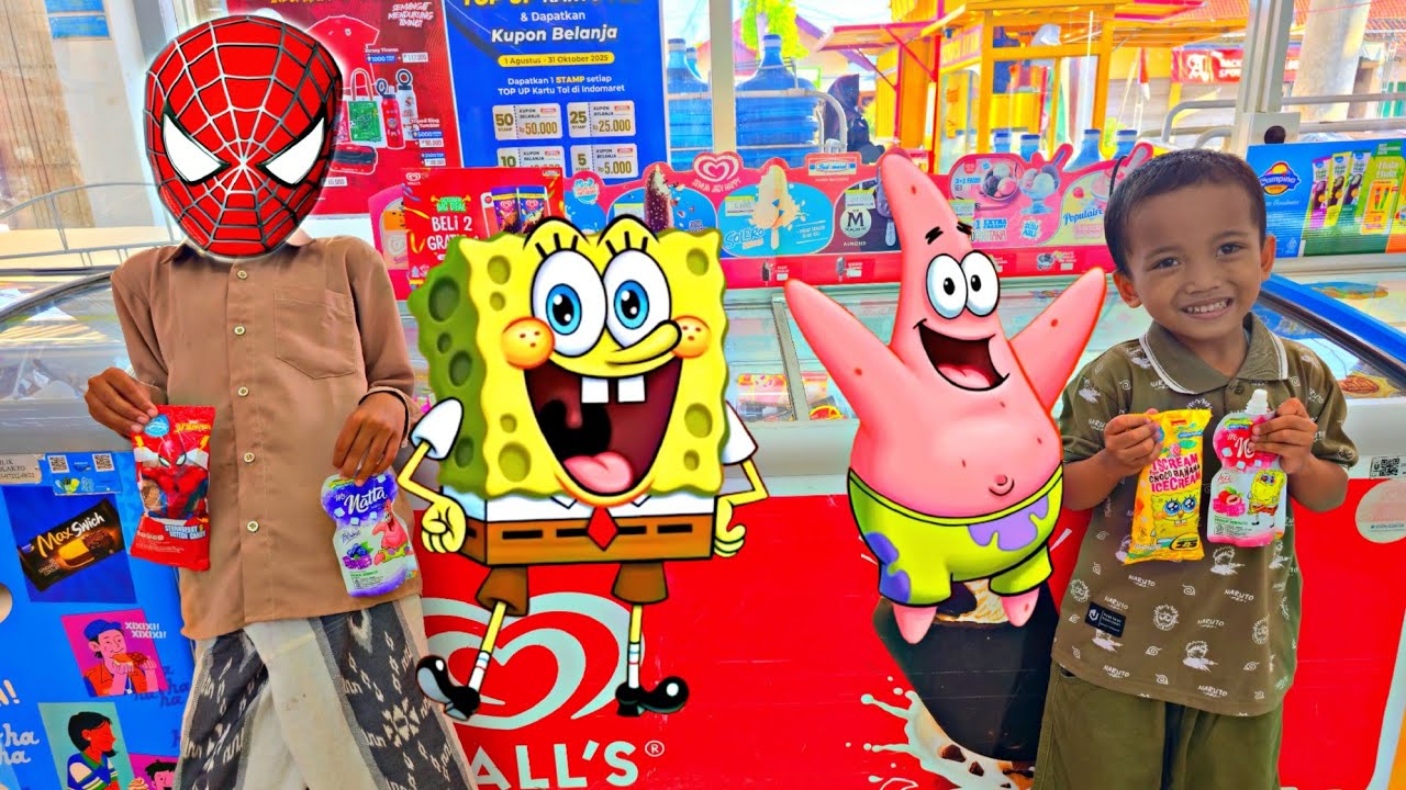 DRAMA BELI ES KRIM & MINUMAN KARAKTER PATRICK,SPONGEBOB DAN SPIDERMAN ...
