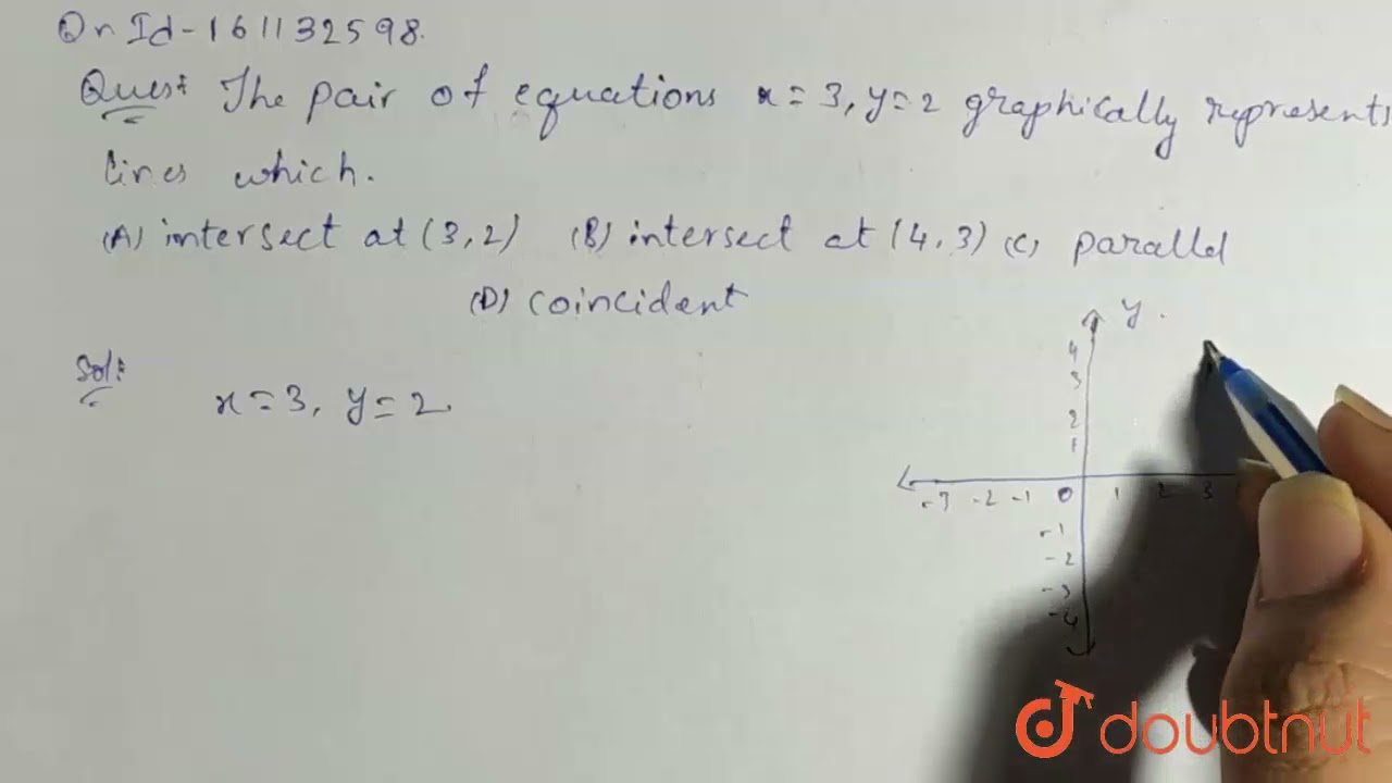 The pair of equations x=3,y=2 graphically represent lines which ...