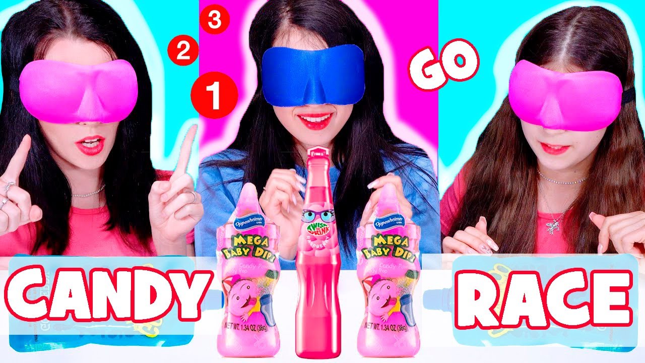 ASMR Candy Race with Closed Eyes | Eating Only One Color Food | Pink ...