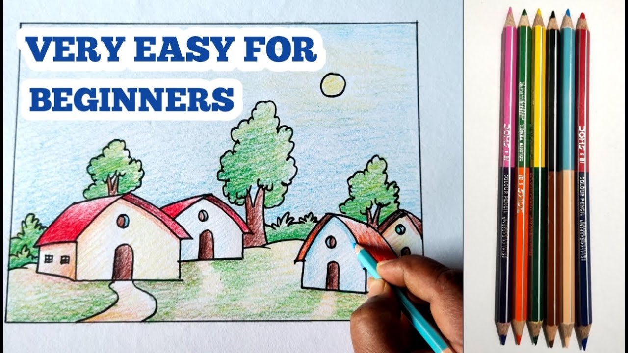 How to draw easy village drawing ! Easy shading and colouring / - YouTube