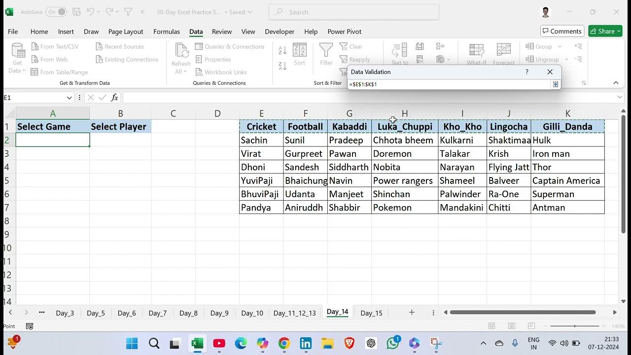 30-Day Excel Practice Series: Day 14 🚀 | Excel Dynamic Lists with Data Validation - YouTube