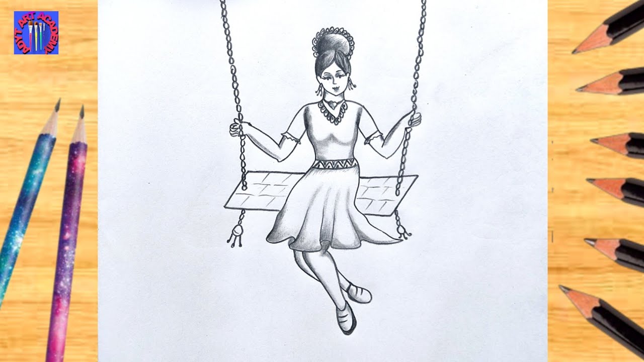 How to draw a girl sitting on a swing front side || girl drawing ...