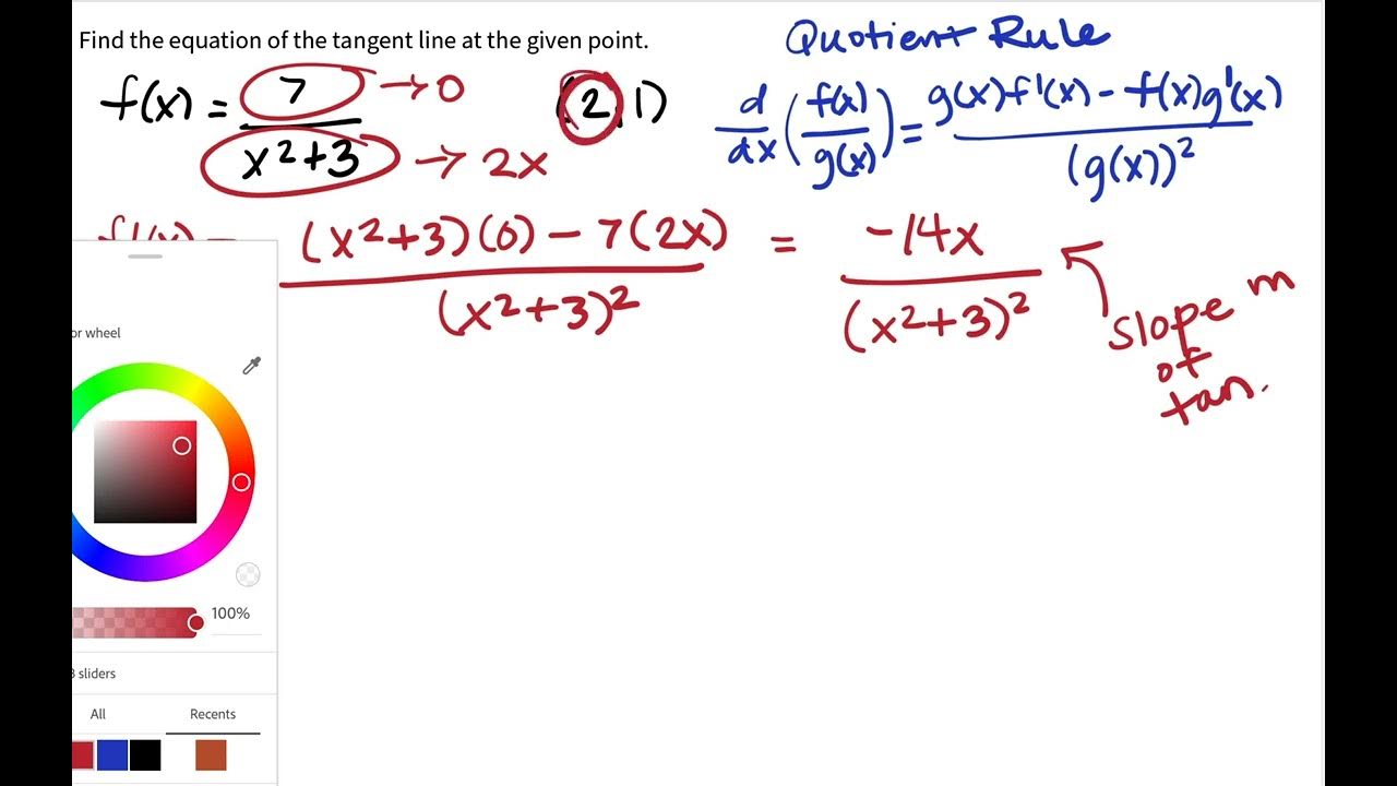 Find the equation of the tangent line at the given point (using quotient rule) - YouTube