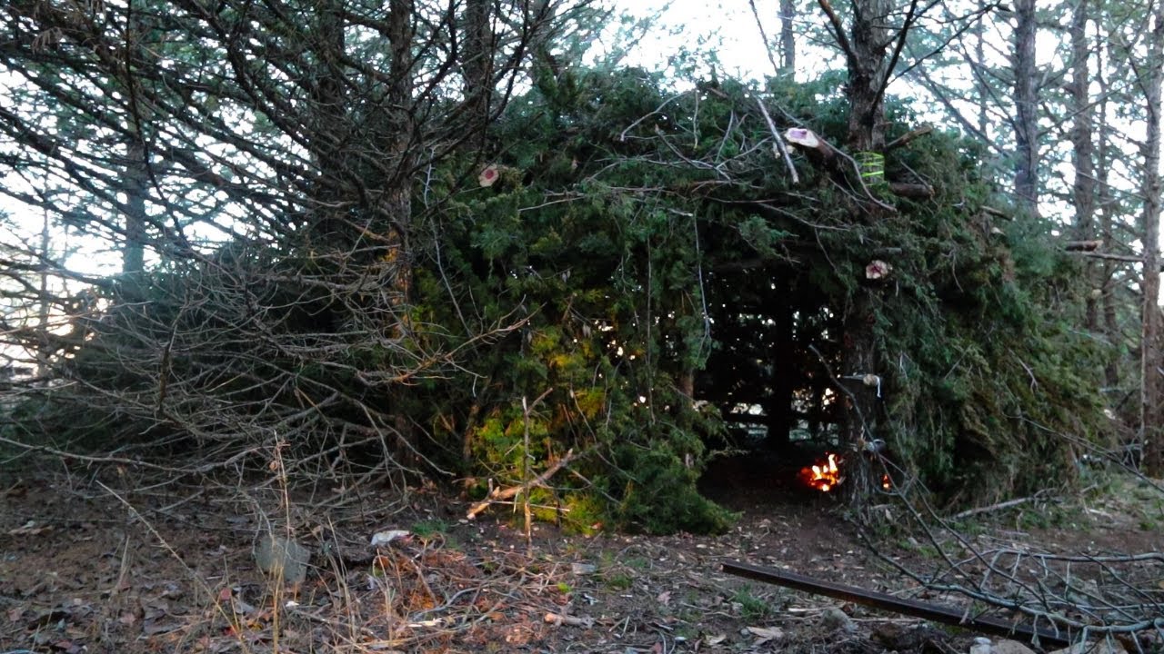 Winter Primitive Bushcraft Shelter: Fireplace Inside Made With Hand ...