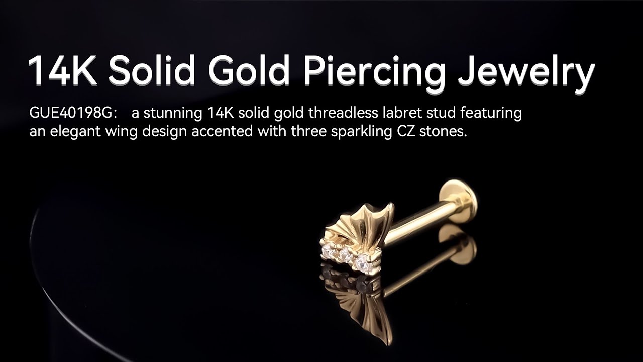 14K Solid Gold Wing-Shaped Threadless Labret Stud with Three CZ Stones ...