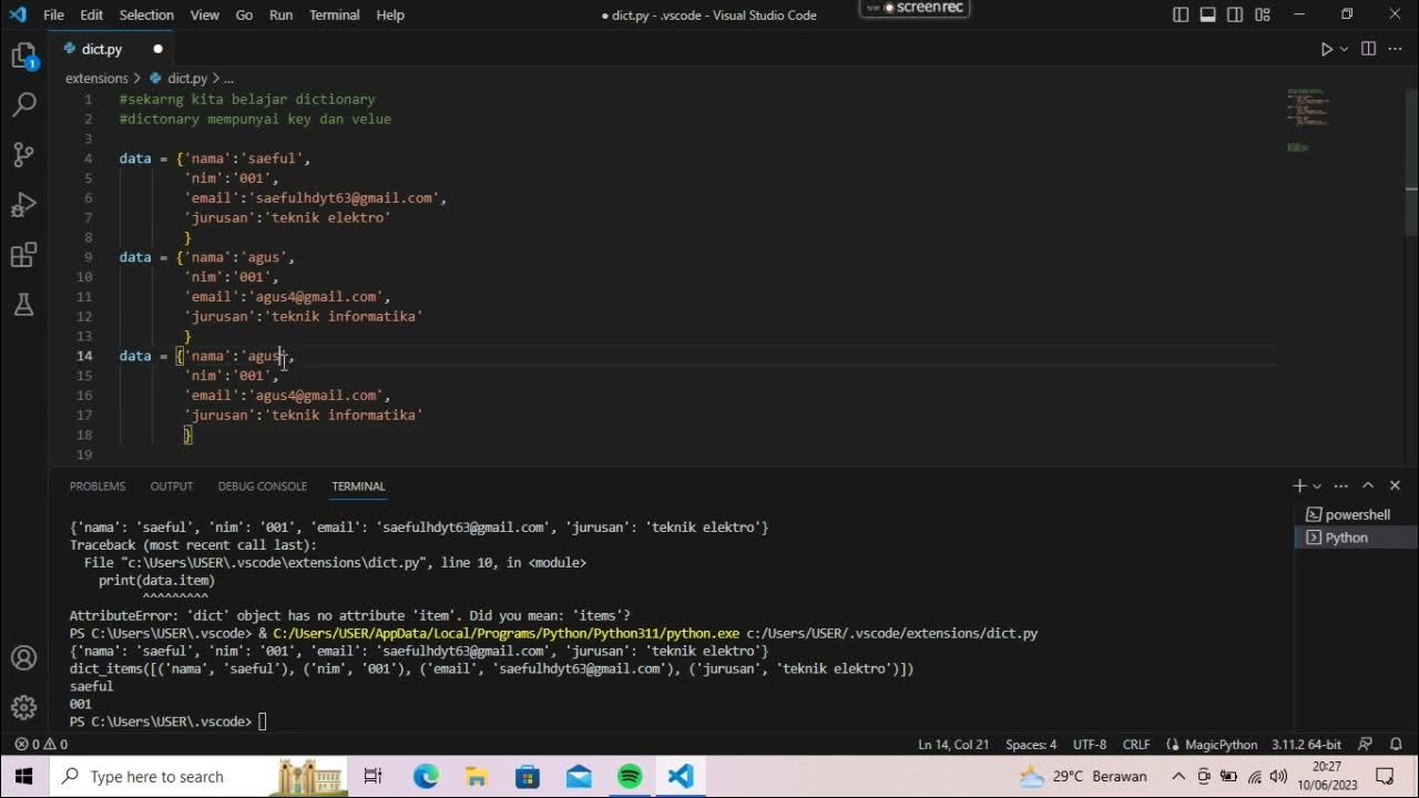belajar dictionary. py - YouTube