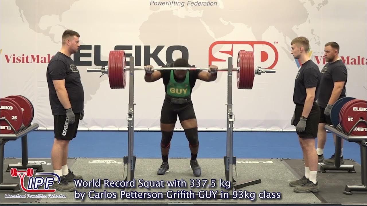 World Record Squat with 337.5 kg by Carlos Petterson Grifith GUY in 93kg class - YouTube