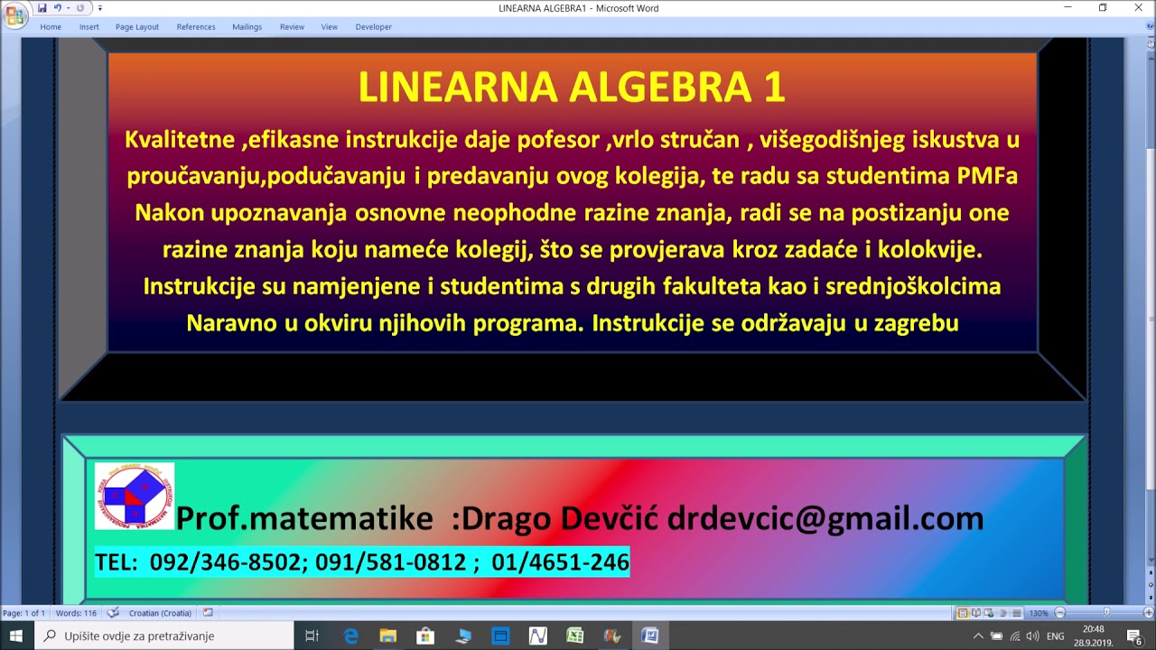 LINEARNA ALGEBRA 1 poduke - YouTube