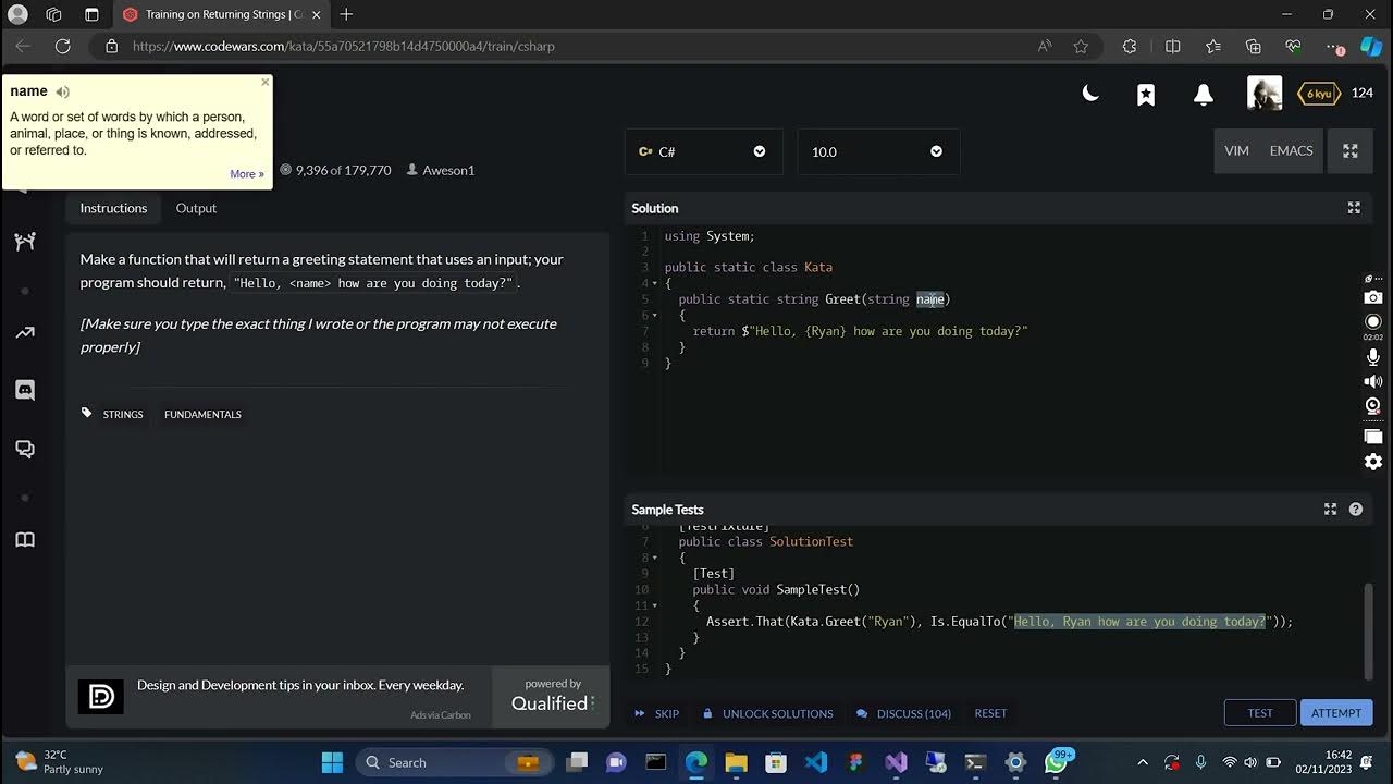 Returning Strings Using Csharp | CodeWars C# Kata 8 Algorithm Solution - YouTube