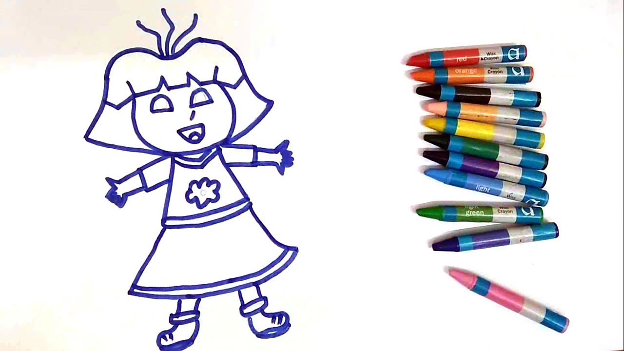 drawing and coloring with colored pencils, dora coloring pages - YouTube