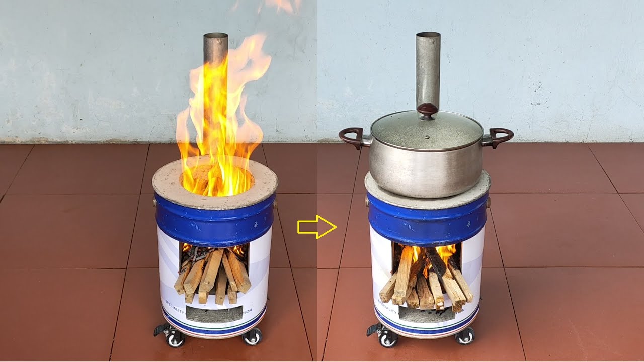 DIY wood stove from cement and iron bucket - YouTube
