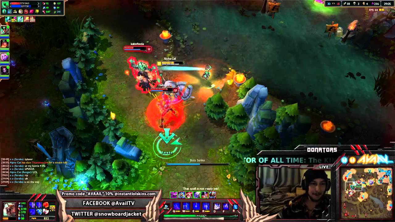 Rengar 1v5 with Soraka Ultimate. Four kills. One cat. twitch.tv/avaail ...