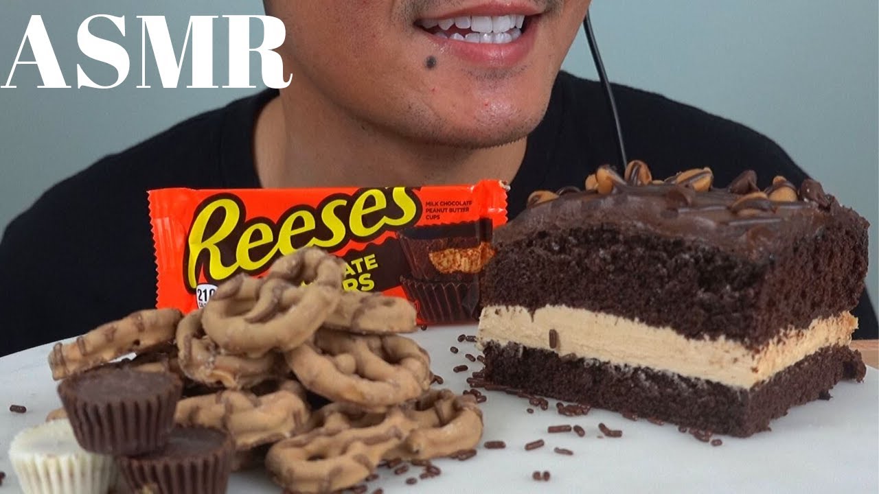 ASMR | Reese's Chocolate Mousse Cake & Pretzels | Eating Show - YouTube