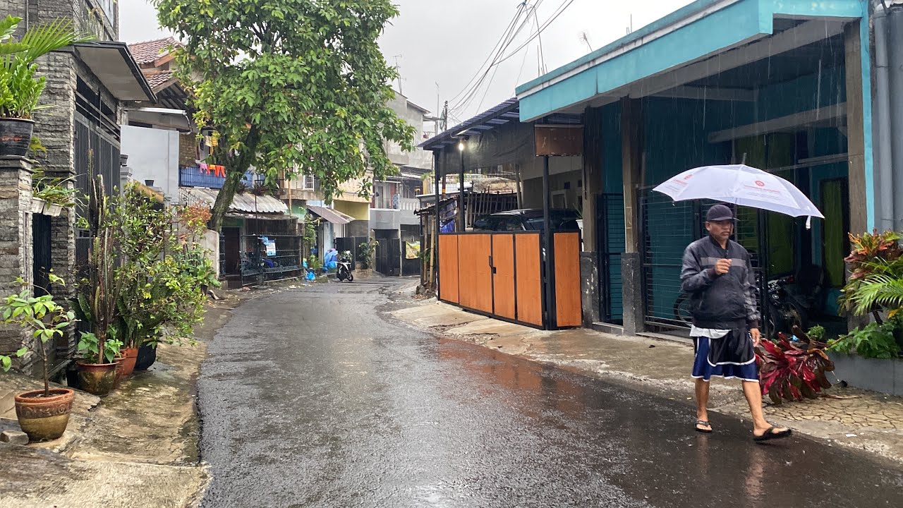 rain in the suburbs of Indonesia | very cool and fun | asmr walking in ...