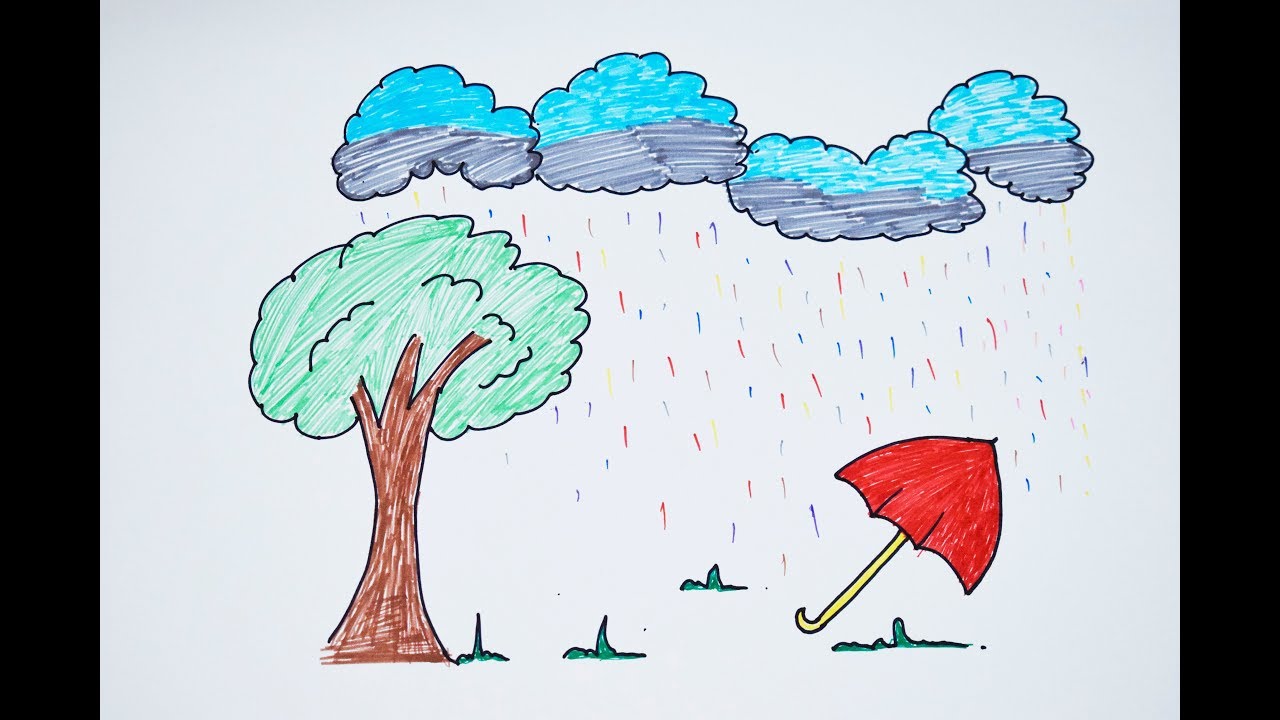How To Draw A Rainy Beautiful Nature For Children - YouTube