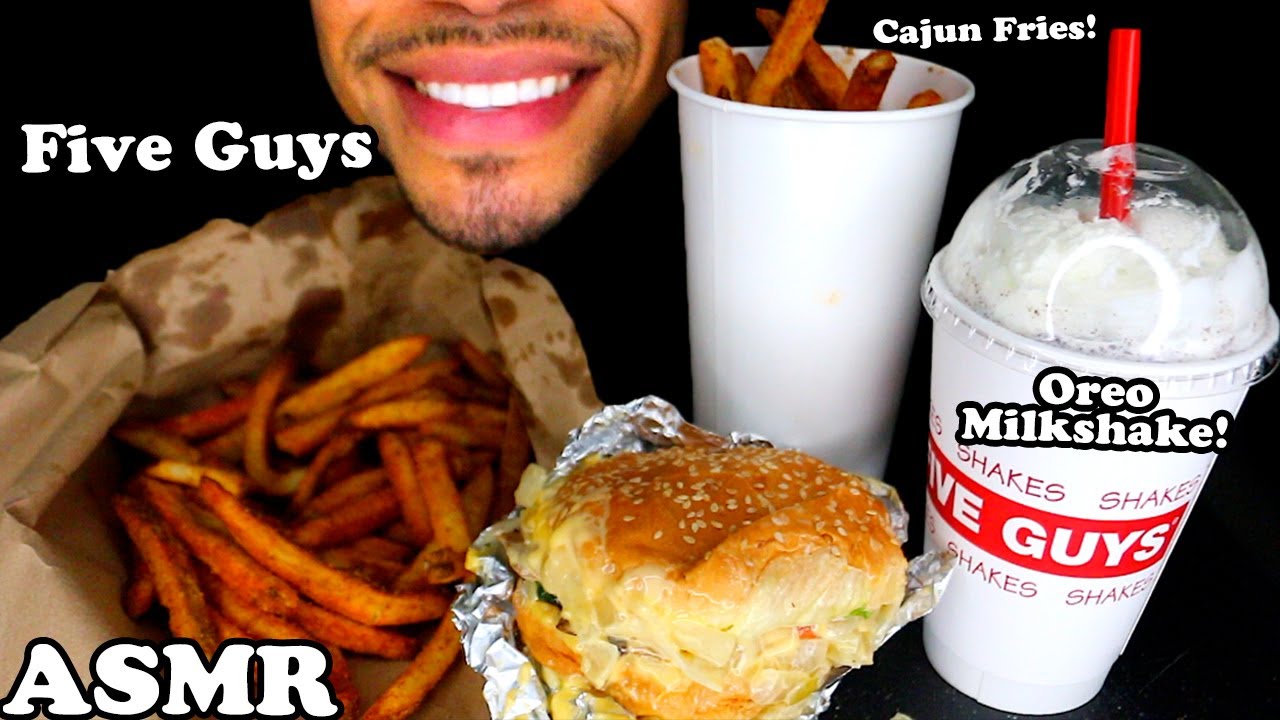 ASMR Five Guys Mukbang Burgers & Cajun Fries Oreo Milkshake Jerry Big ...