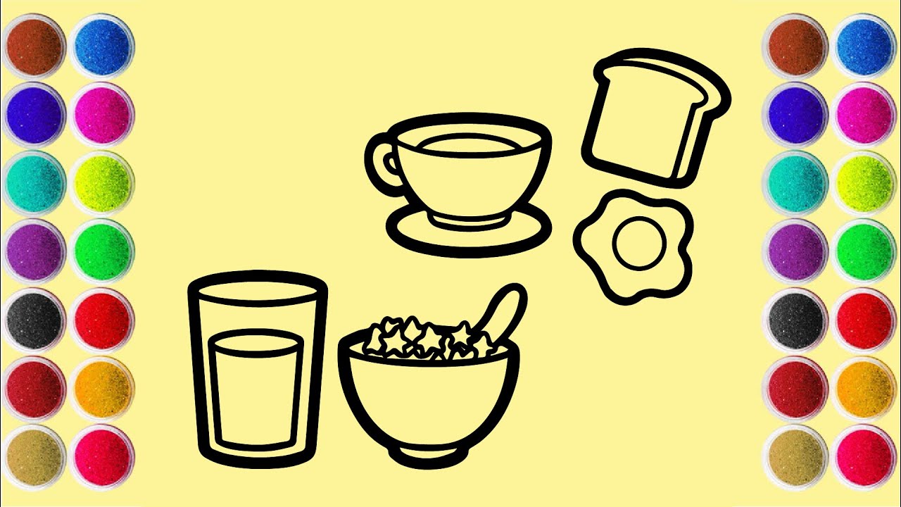 Coloring Breakfast Milk and a Bowl of Cereal and Egg, Bread Using ...