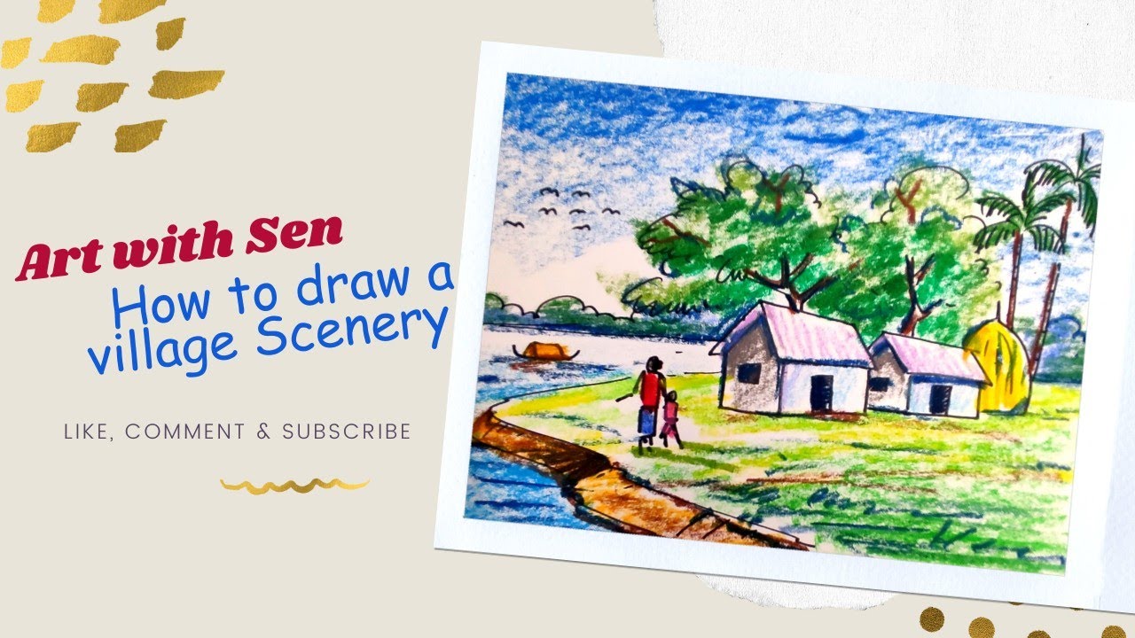 How to Draw a Village Scenery with River || Easy village scenery ...