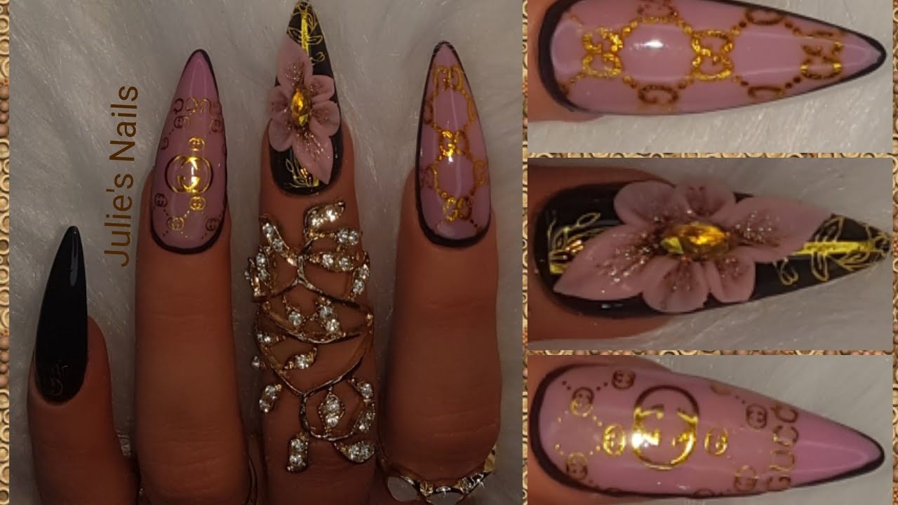 GUCCI NAILS PINK BLACK GEL NAIL ART - YouTube