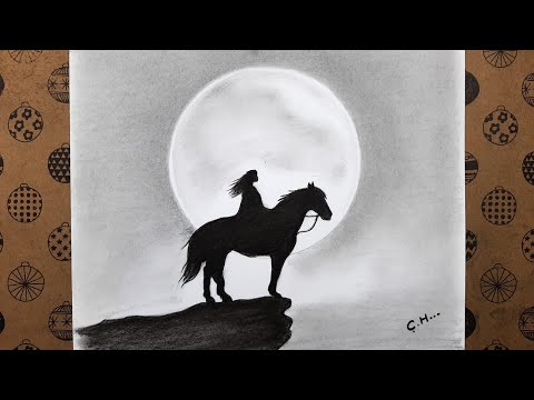 Ay Işığında Kız Ve At Çizimi Kolay Karakalem Manzara Nasıl Çizilir Çizim Hobimiz Karakalem