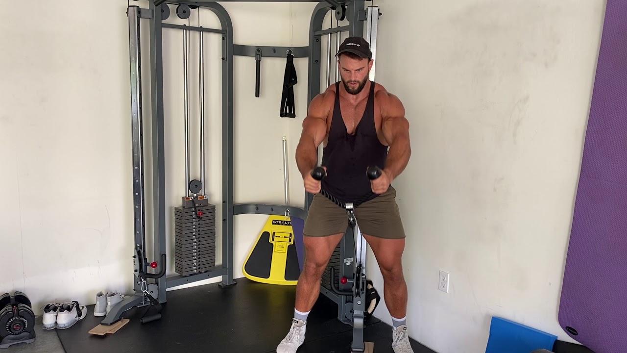 Cable between legs front raises with rope - YouTube