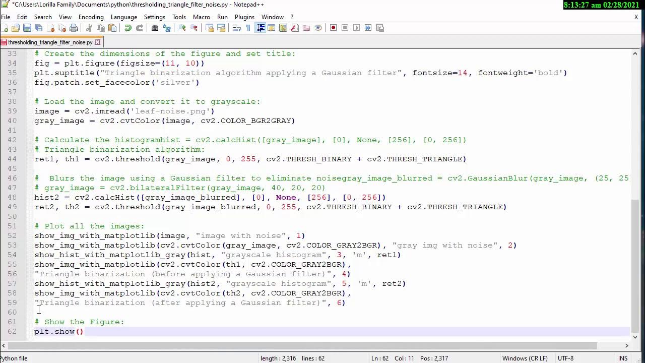 【PYTHON OPENCV】Triangle thresholding filtering noise applying a Gaussian filter - YouTube
