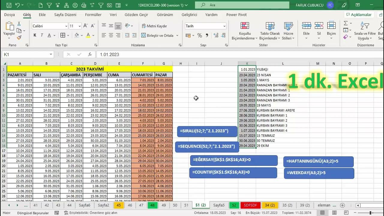 Excel 1 Dakika - 2023 Takvimi - YouTube