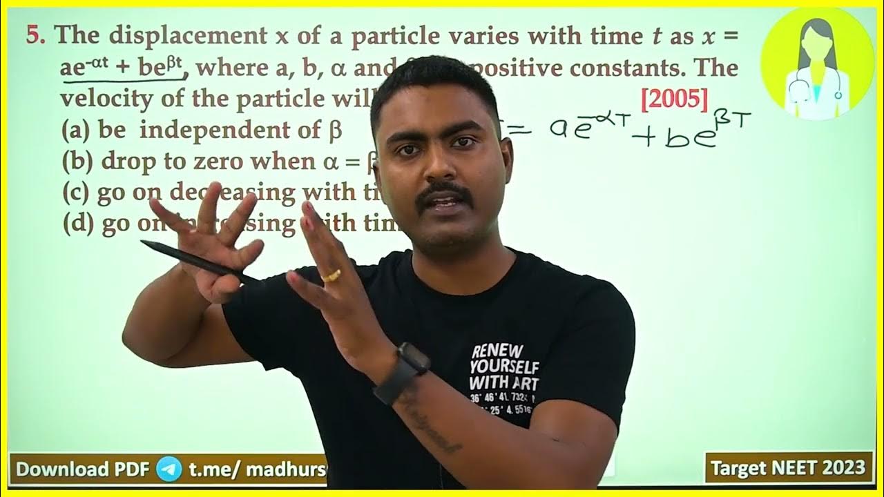 The displacement x of a particle varies with time as x = ae-at + bebt, where a, b, a and b are ...