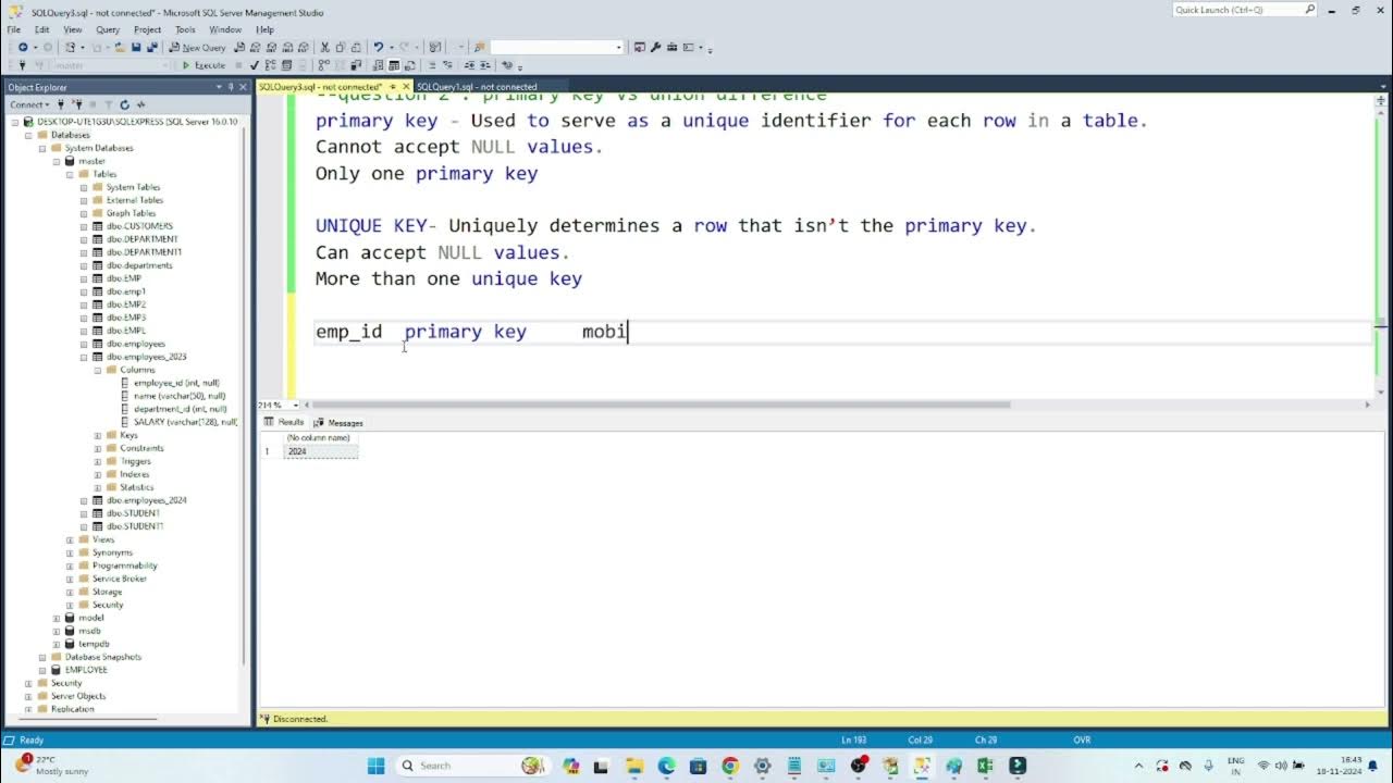 primary key vs unique key difference asked in sql interview - YouTube