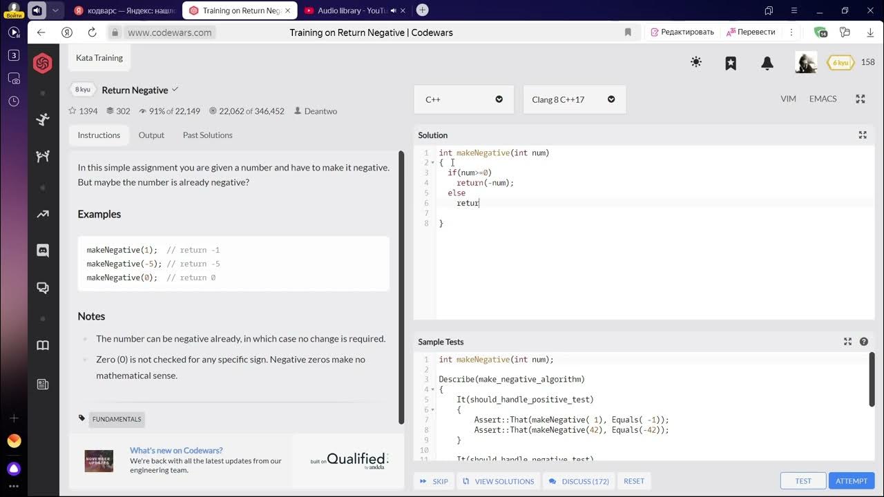 Codewars Return Negative 8 kyu C ++ - YouTube