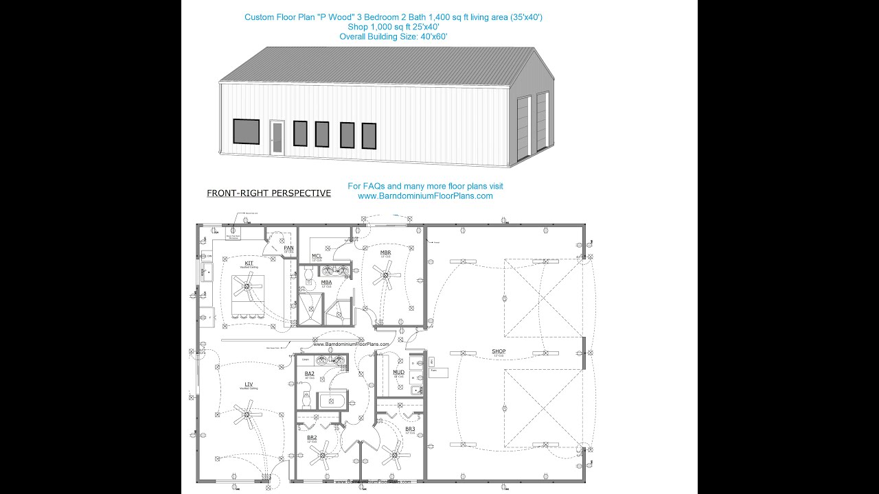 1 400 Sq Ft Custom Barndominium Floor Plan P Wood 40x60 3 Bed 2 Bath