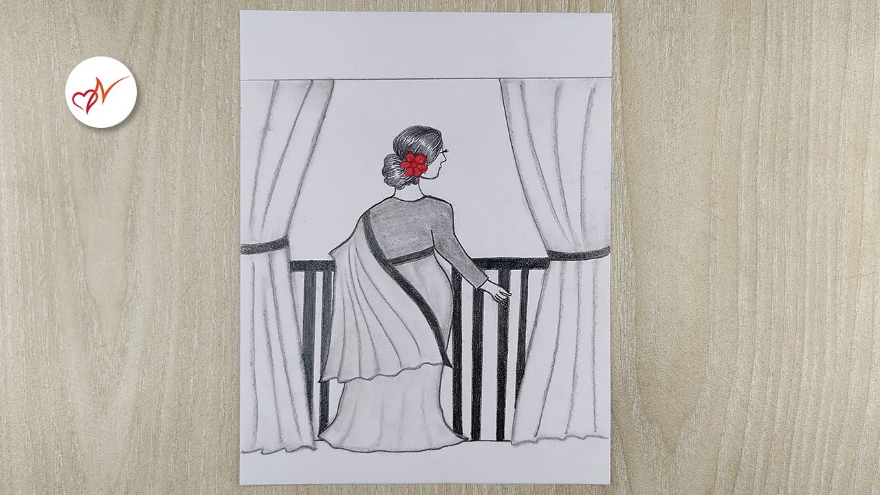How to draw a girl wearing shari standing on balcony | Pencil sketch ...