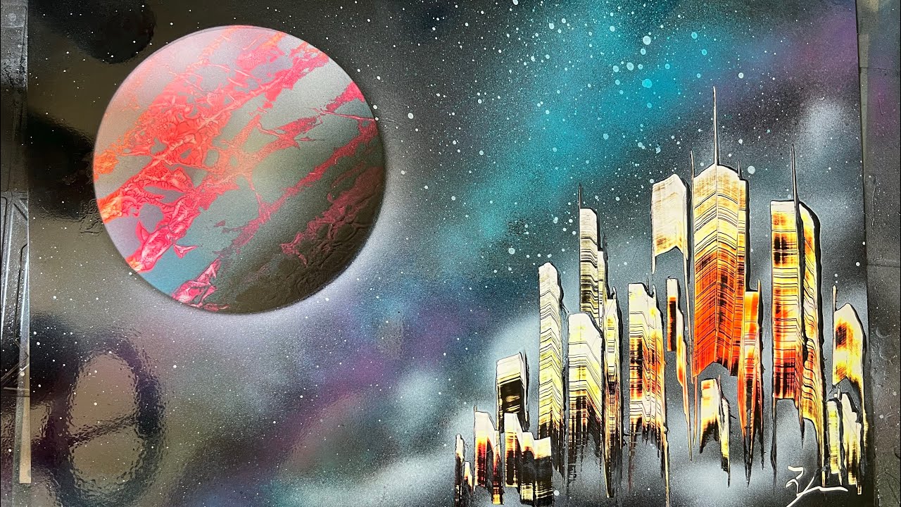 Spray paint art city in the clouds alien planet - YouTube