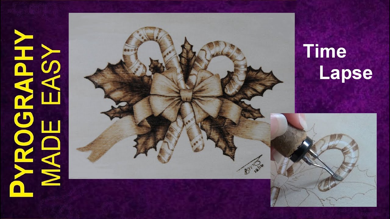 Pyrography Art - Christmas Candy Canes wood burning time lapse - YouTube