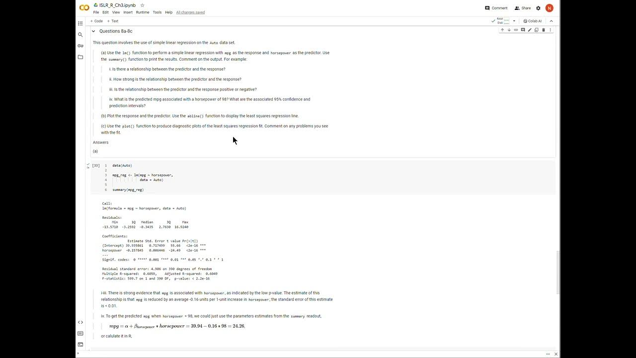 Intro to Statistical Learning (2nd Ed), Solution to Problem 3.8A (R) | Running Linear Regression ...