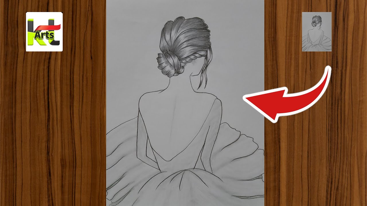 How to draw a girl with messy bun | Drawing a girl with beautiful dress ...