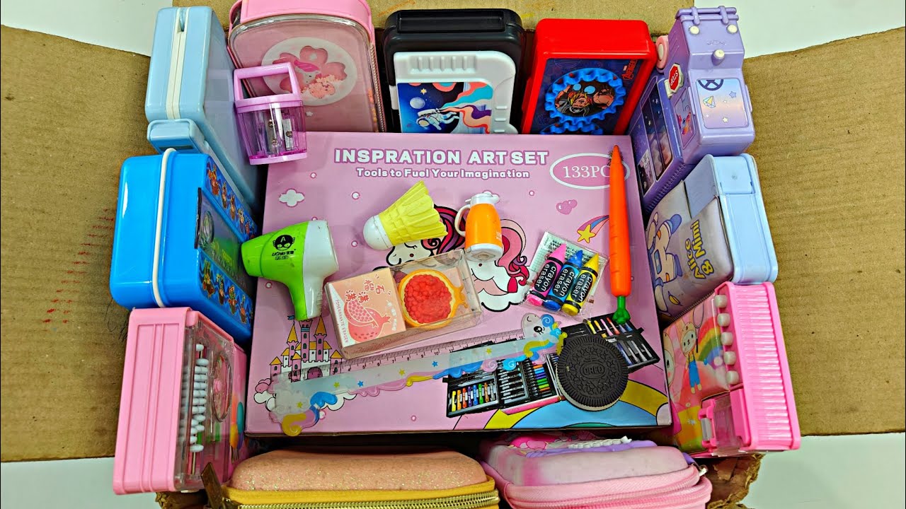 school stationery collection - coloring supplies, pencil box, sharpener ...